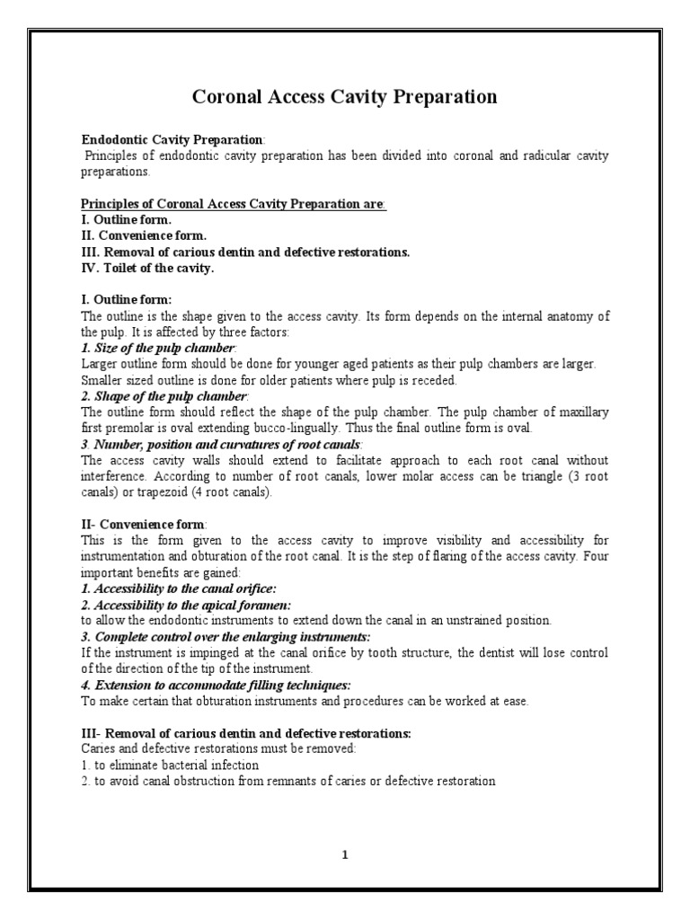 03 Principles of Coronal Access Cavity Preparation | PDF | Dentistry Branches | Tooth