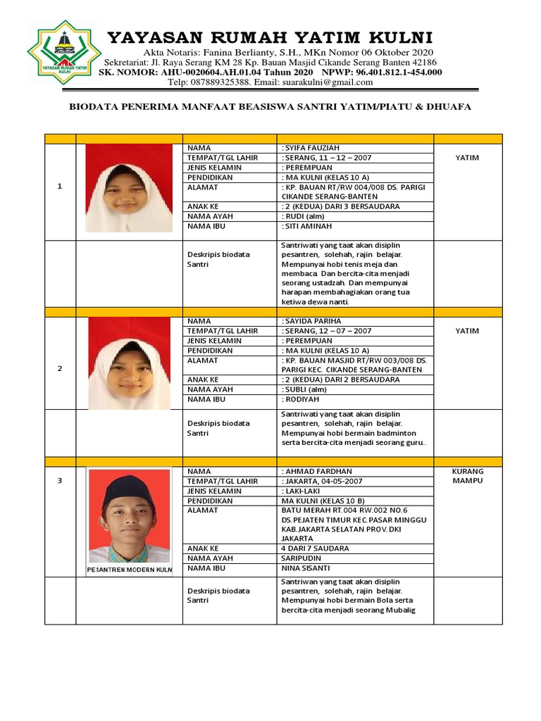 Biodata Penerima Manfaat Beasiswa Orang Tua Asuh | PDF