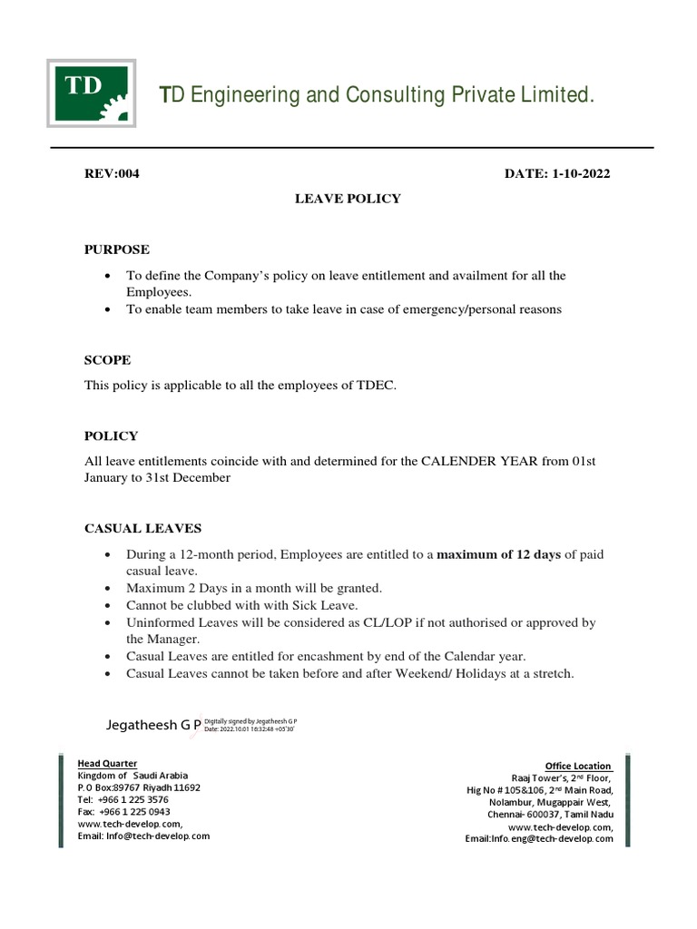 Leave Policy-Rev4 | PDF | Sick Leave | Business