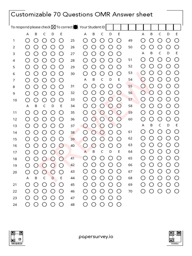 Customizable OMR Answer Sheet (70 Questions) (PaperSurvey - Io) | PDF