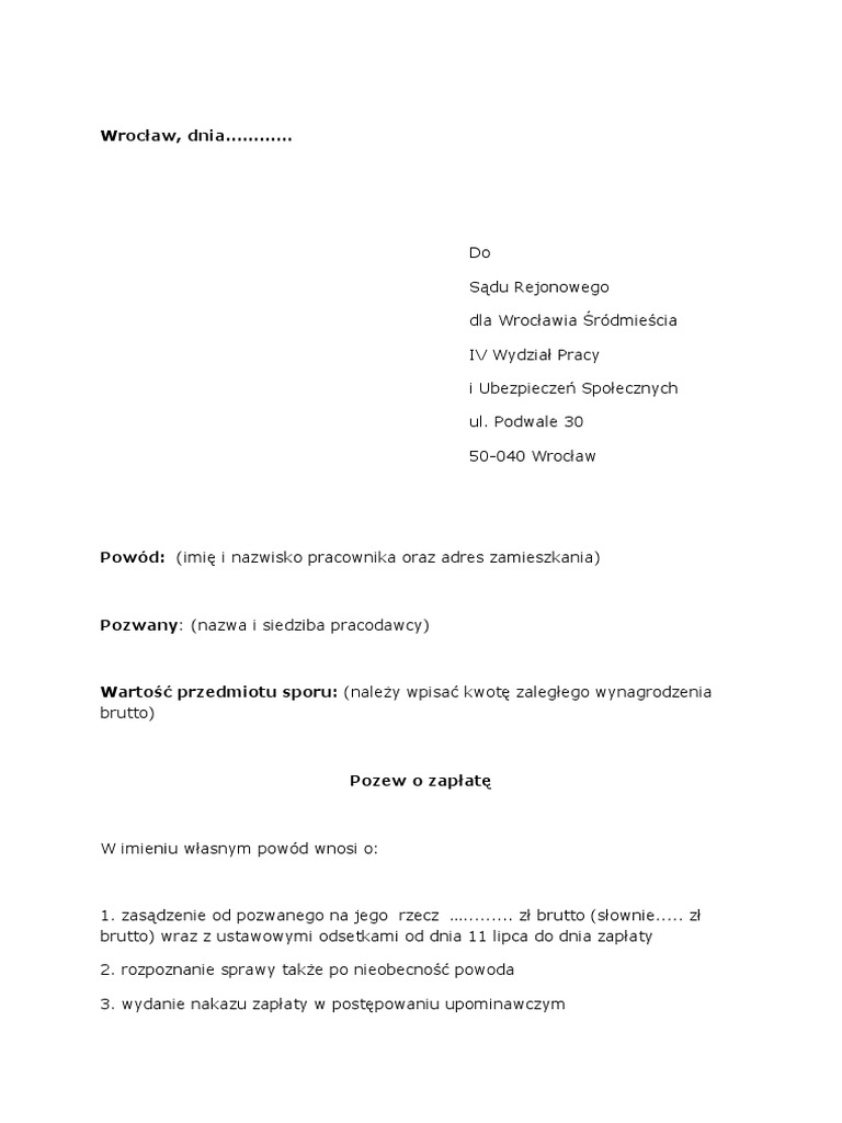 Wzor Pozwu o Zaplate Zaleglego Wynagrodzenia | PDF