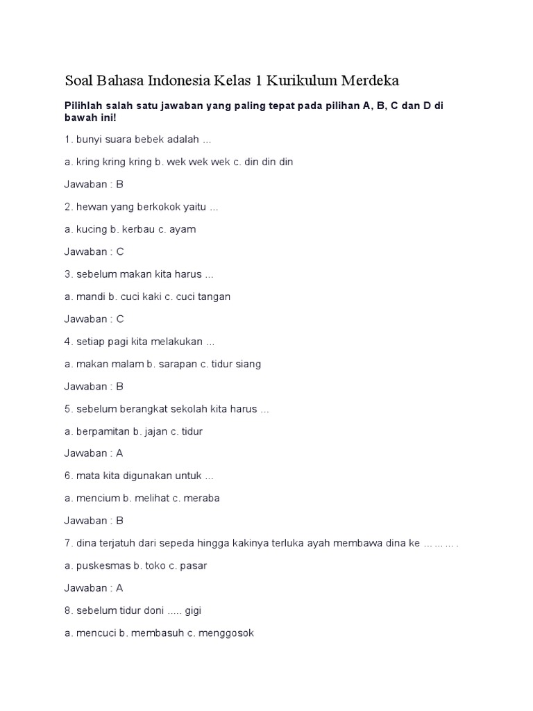 Soal Bahasa Indonesia Kelas 1 Kurikulum Merdeka | PDF