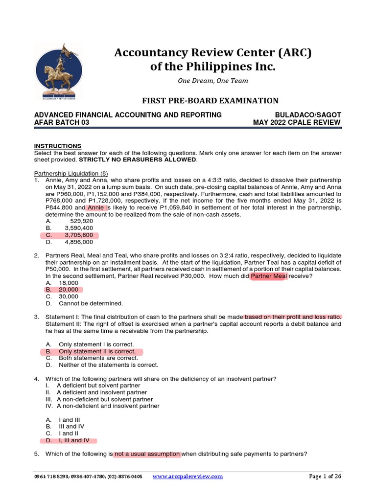 Accountancy Review Center (ARC) of The Philippines Inc.: First Pre-Board Examination | PDF ...