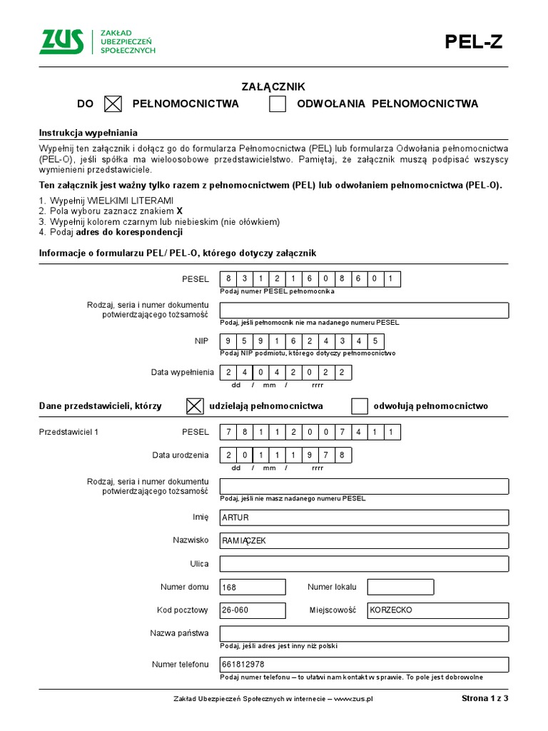 Pel-Z: Załącznik DO Pełnomocnictwa Odwołania Pełnomocnictwa | PDF