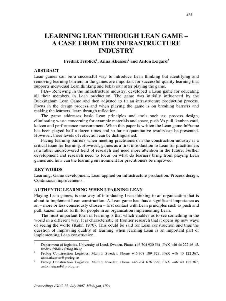 Friblick Et Al. 2007 - Learning Lean Through Lean Game - A Case From The Infrastructure Industry ...