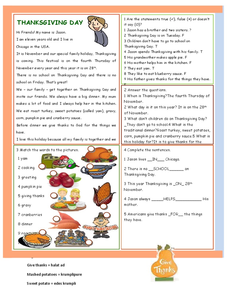 Thanksgiving Reading Comprehension Worksheet | PDF | Thanksgiving | Foods