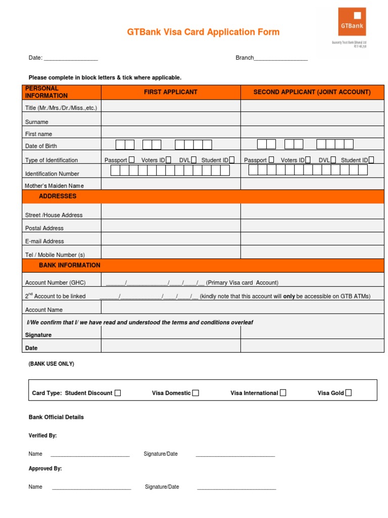 GTBank Visa Card Application Form | PDF | Debit Card | Visa Inc.
