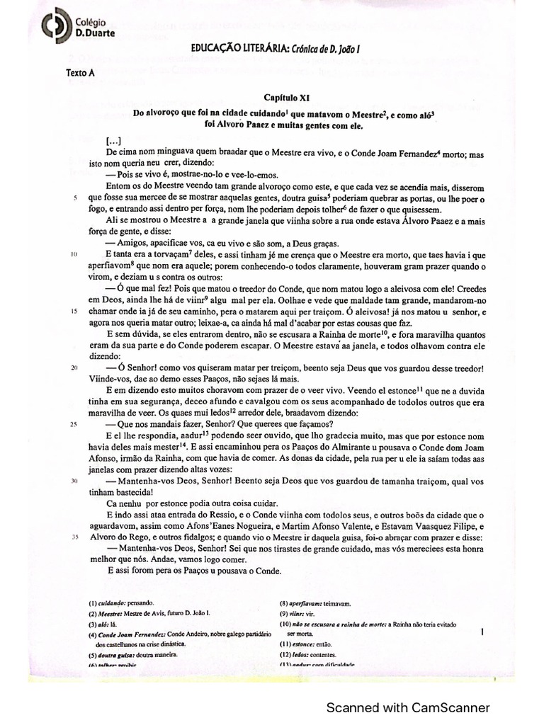 Crónica de D. João I - Excertos + Perguntas Capítulos 11 e 115 | PDF