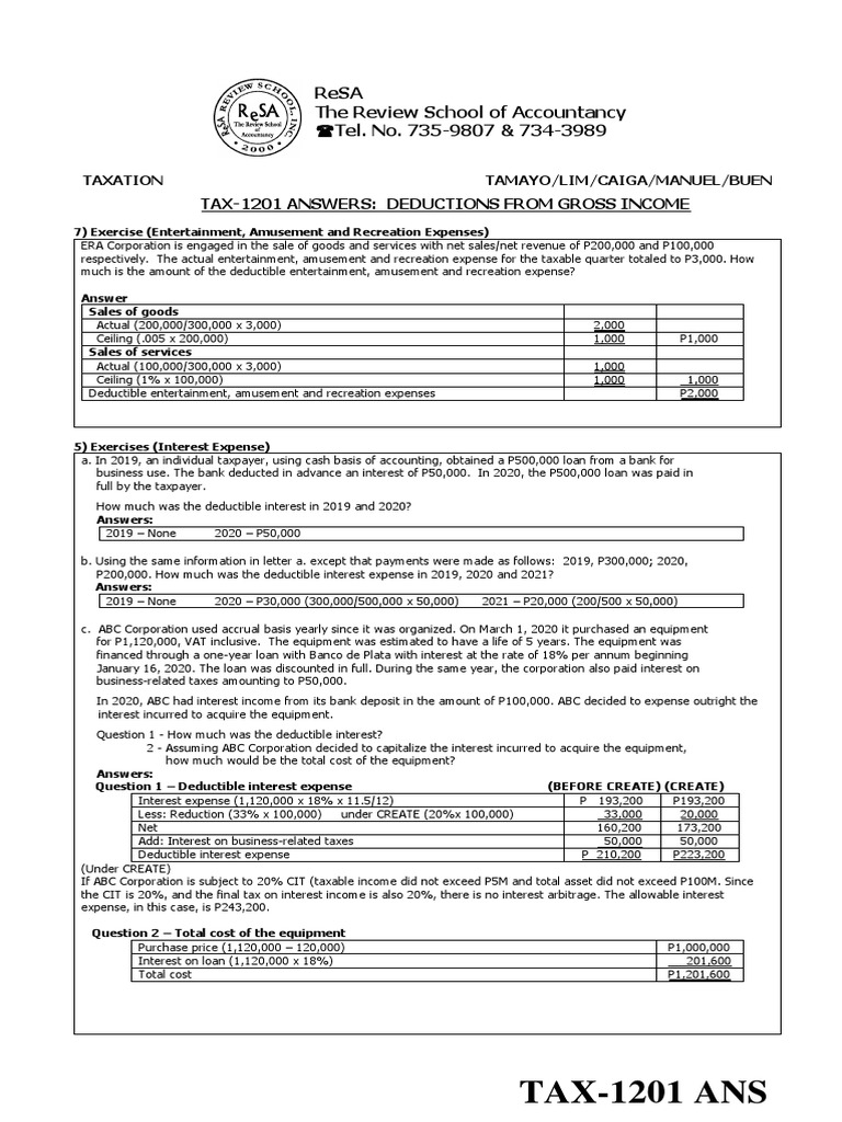 TAX 1201 Answers Deductions From Gross Income | PDF | Tax Deduction ...