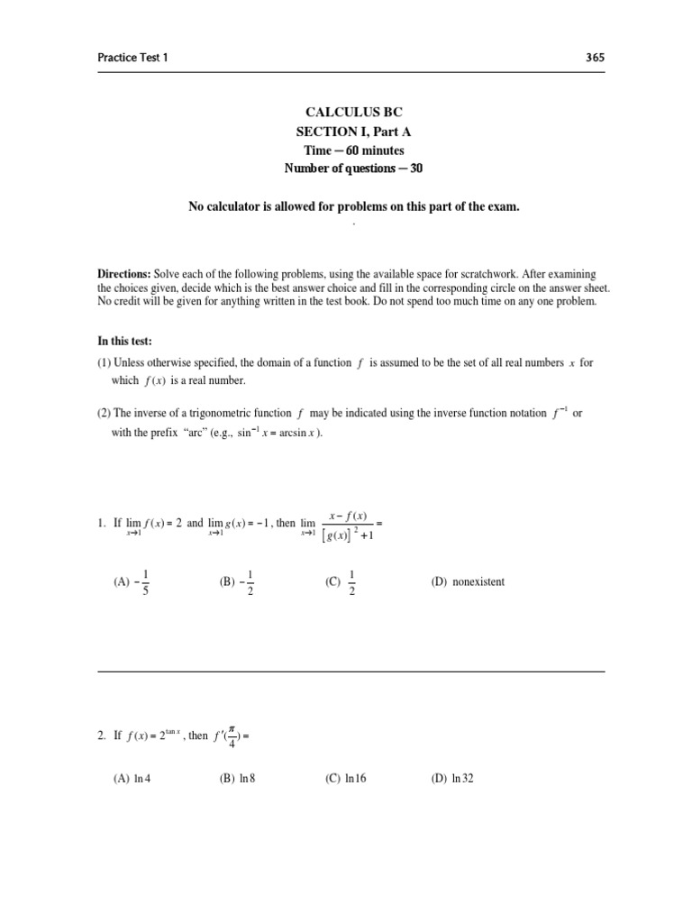 Practice Test 1 Section I, Part A Calculus BC Problems and Solutions ...