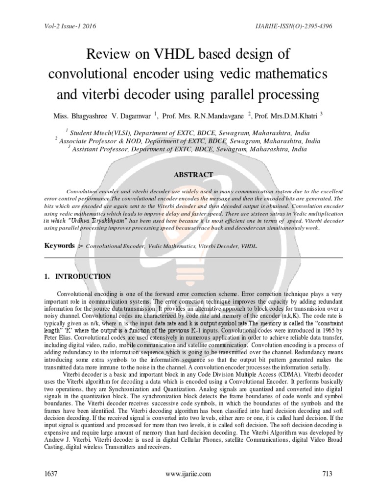 Review On VHDL Based Design of Convolutional Encoder Using Vedic ...