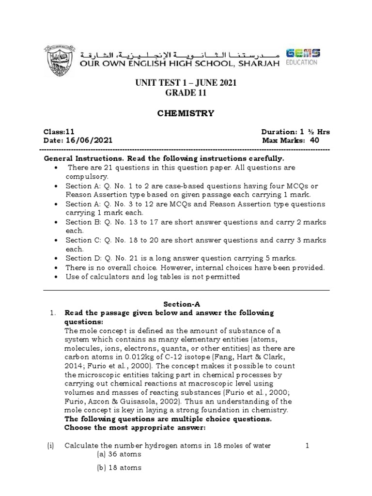 Unit Test 1 - Chemistry | PDF | Atoms | Atomic Orbital