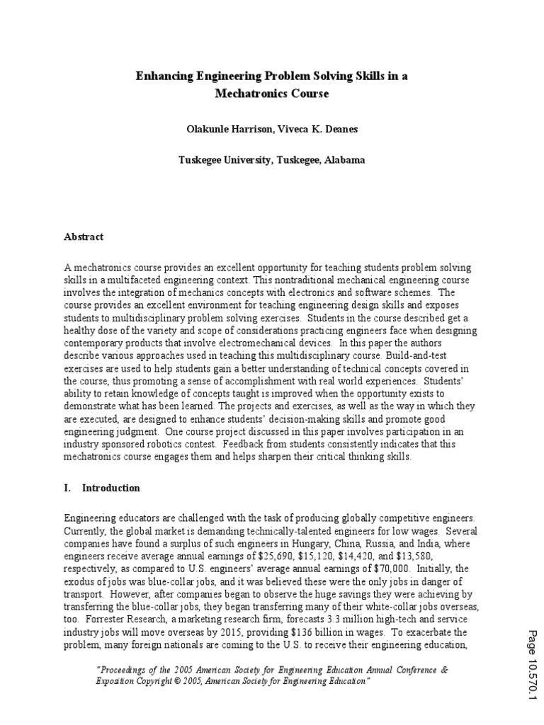 Enhancing Engineering Problem Solving Skills In A Mechatronics Course Pdf Engineering