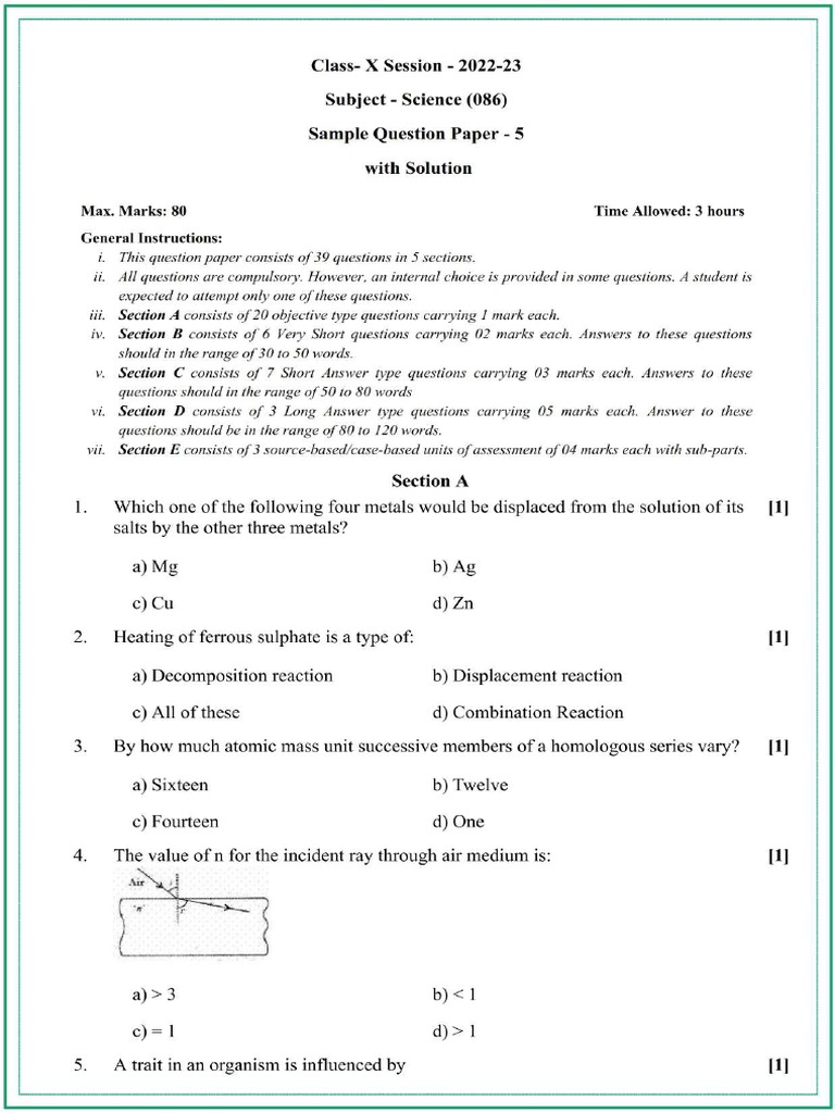 Class 10 Science Sample Paper | PDF