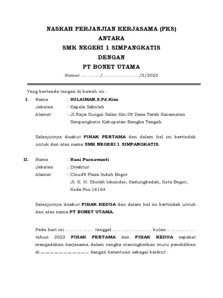Draft PKS Antara SMK Negeri 1 Simpangkatis Dengan PT - Bonet Utama | PDF