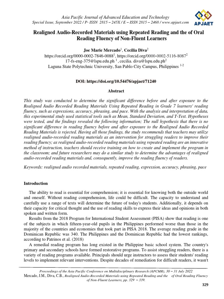 Realigned Audio-Recorded Materials Using Repeated Reading and The of ...