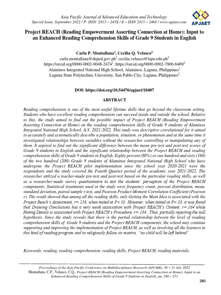 Project REACH Reading Empowerment Asserting Connection at Home Input To ...