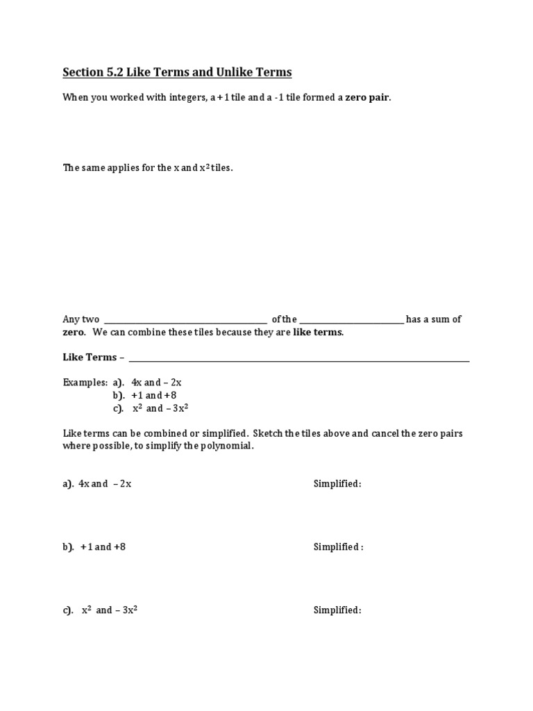 Simplifying Like and Unlike Terms | PDF