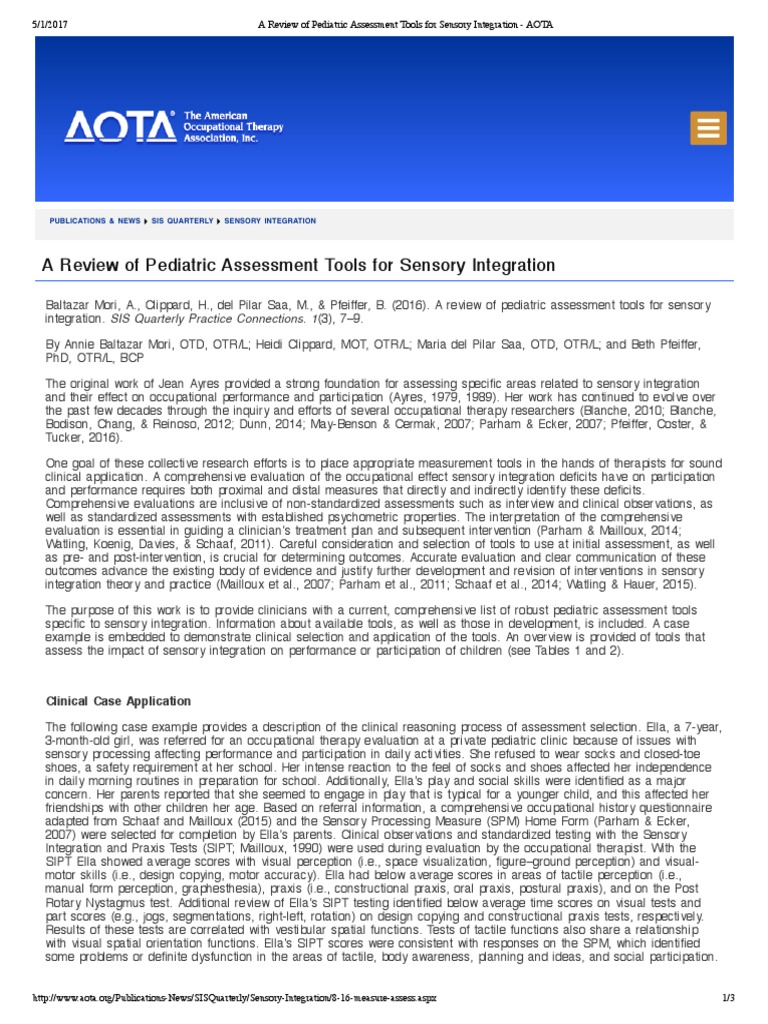 A Review of Pediatric Assessment Tools For Sensory Integration AOTA | PDF | Somatosensory System ...