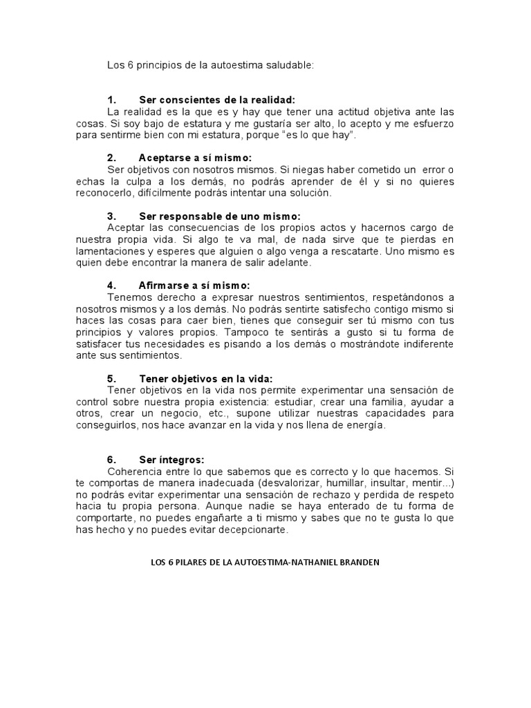 Los 6 Principios de La Autoestima Saludable | PDF