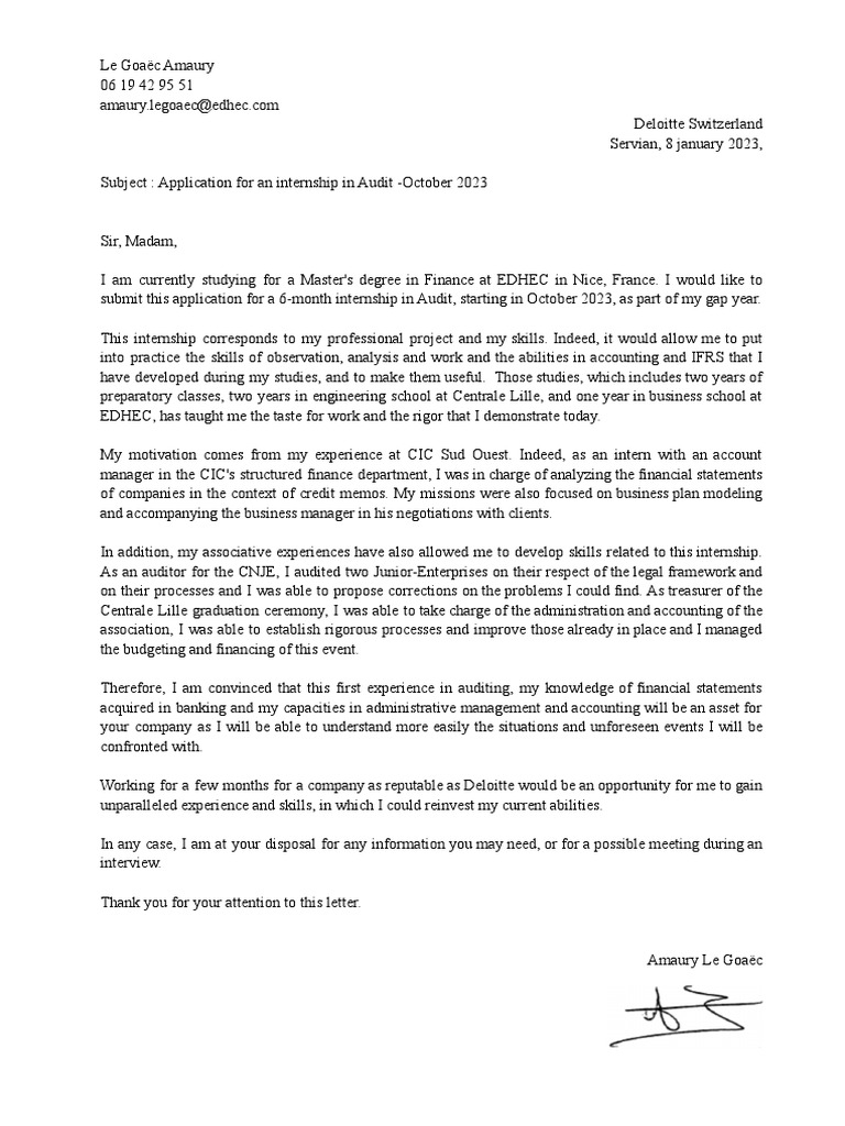 Cover Letter Deloitte | PDF | Accounting | Internship