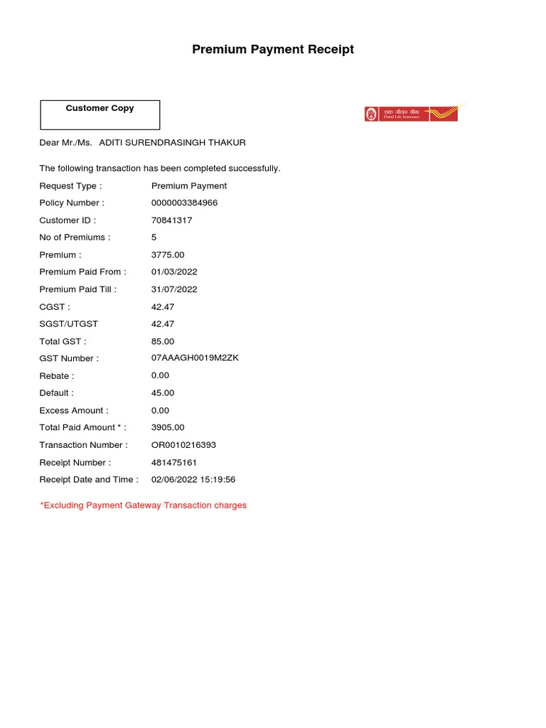 Insurance Premium Receipt | PDF