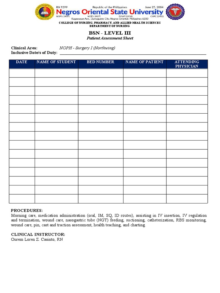 SURGERY 1 Patient Assessment Sheet | PDF