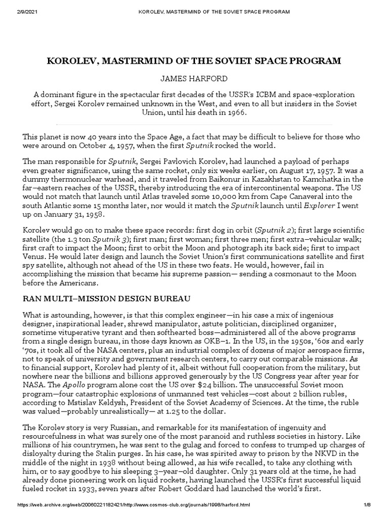 Korolev, Mastermind of The Soviet Space Program | PDF