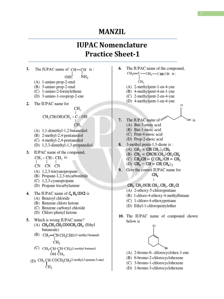 IUPAC - Practice Sheet - IUPAC Nomenclature - Manzil | PDF | Methyl ...