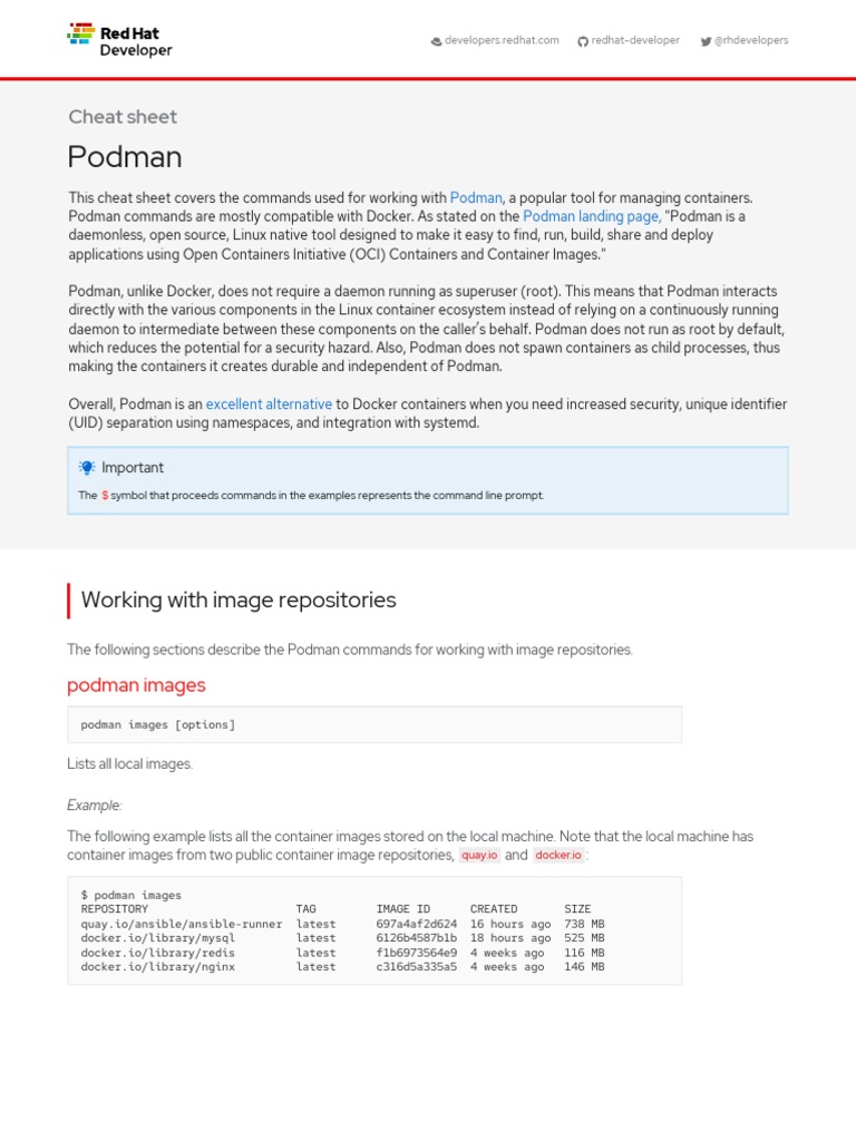 Podman Basics Cheatsheet RedHat Developer | PDF | Login | User (Computing)