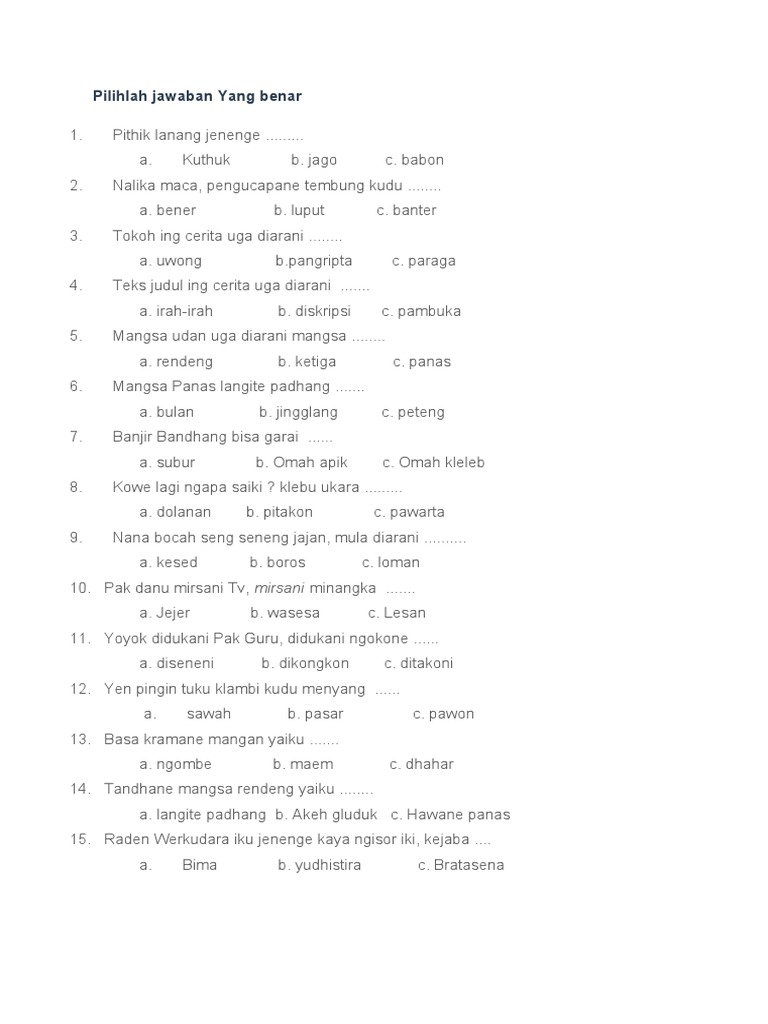 Soal Pas SMSTR 1 Kelas 3 Bhs Jawa | PDF