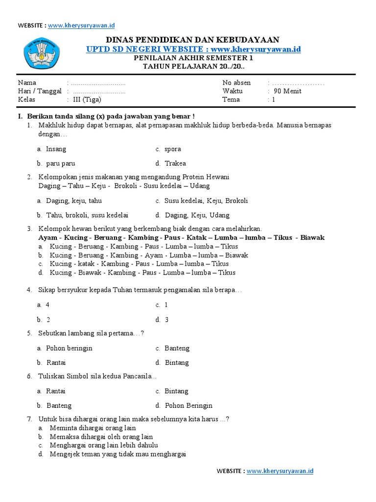 SOAL & Jawaban PAS KLS 3 TEMA 1 Ver. 1 - WEBSITE WWW - Kherysuryawan.id | PDF