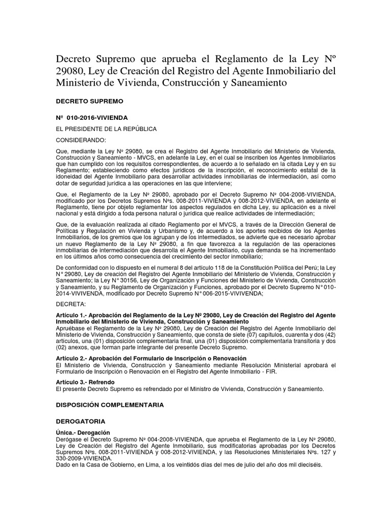Decreto Supremo Que Aprueba El Reglamento de La Ley No 29080 | PDF | Educación más alta | Regulación