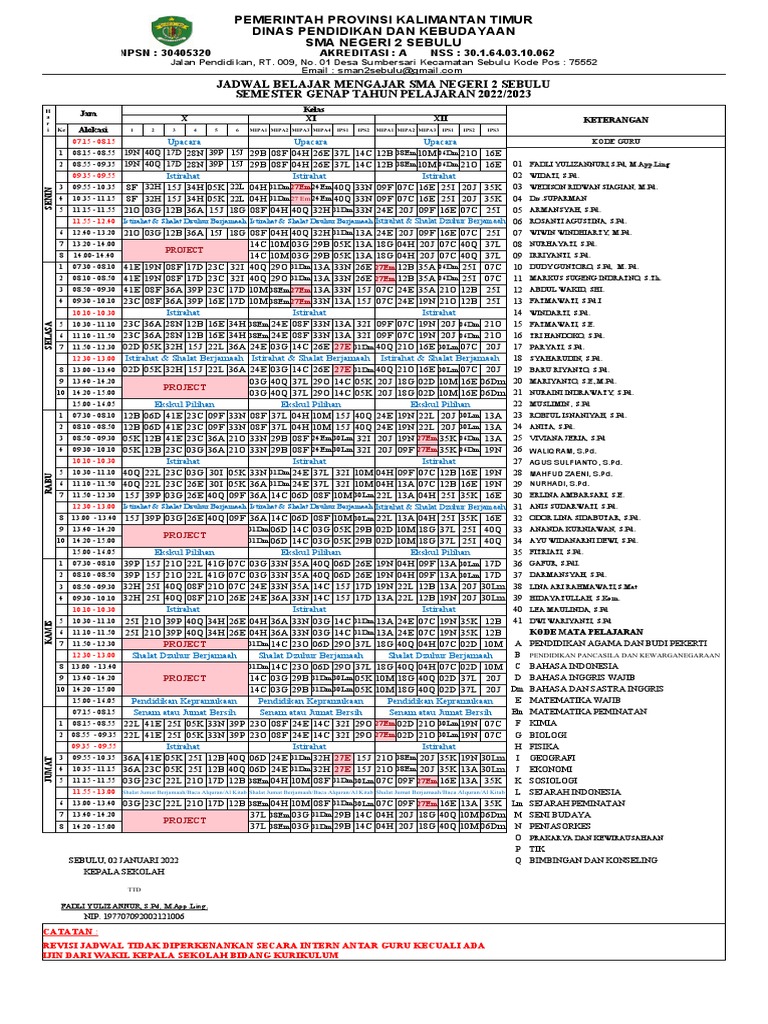 Jadwal Pelajaran Semester Genap TP.202220223 | PDF