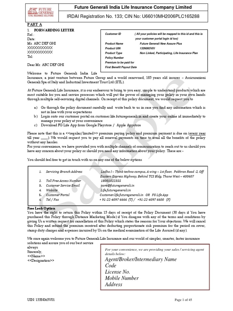 Future Generali New Assure Plus Policy-Document 133n065v01 | PDF | Life ...