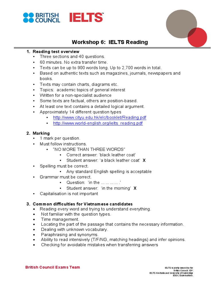 IELTS Reading Workshop Overview | PDF | International English Language ...