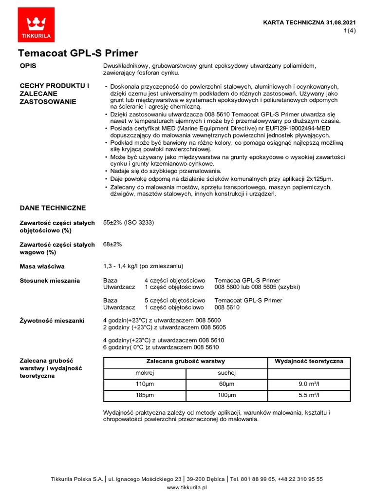 Temacoat GPL-S Primer PL PDS Tikkurila | PDF