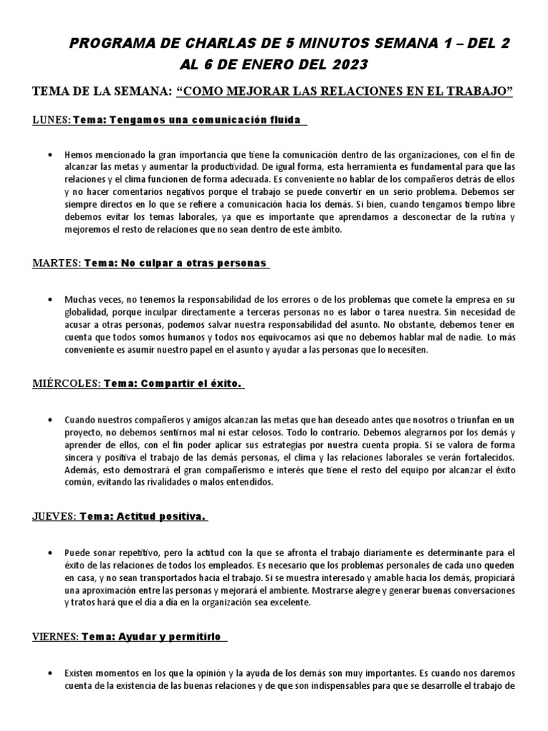 Programa de Charlas de 5 Minutos Semana 1 | PDF