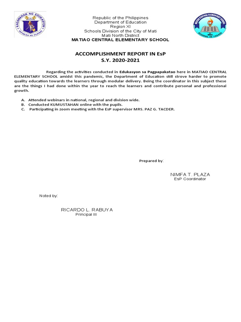 Accomplishment Report: EsP 2020-2021 | PDF