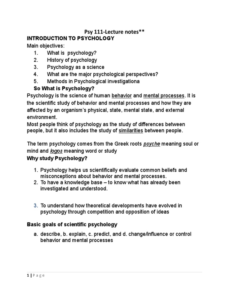 Introduction To Psychology Lecture Notes | PDF | Psychology | Science Introduction To Psychology Lecture Notes | PDF | Psychology | Science
