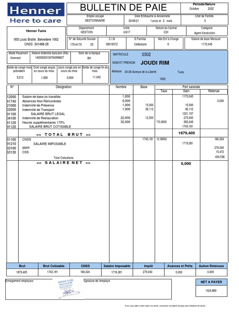 P SLP 032527 20221001 20221031 00 V2 0000 00000 File 0302 Joudi Rim | PDF | Salaires | Bulletin ...