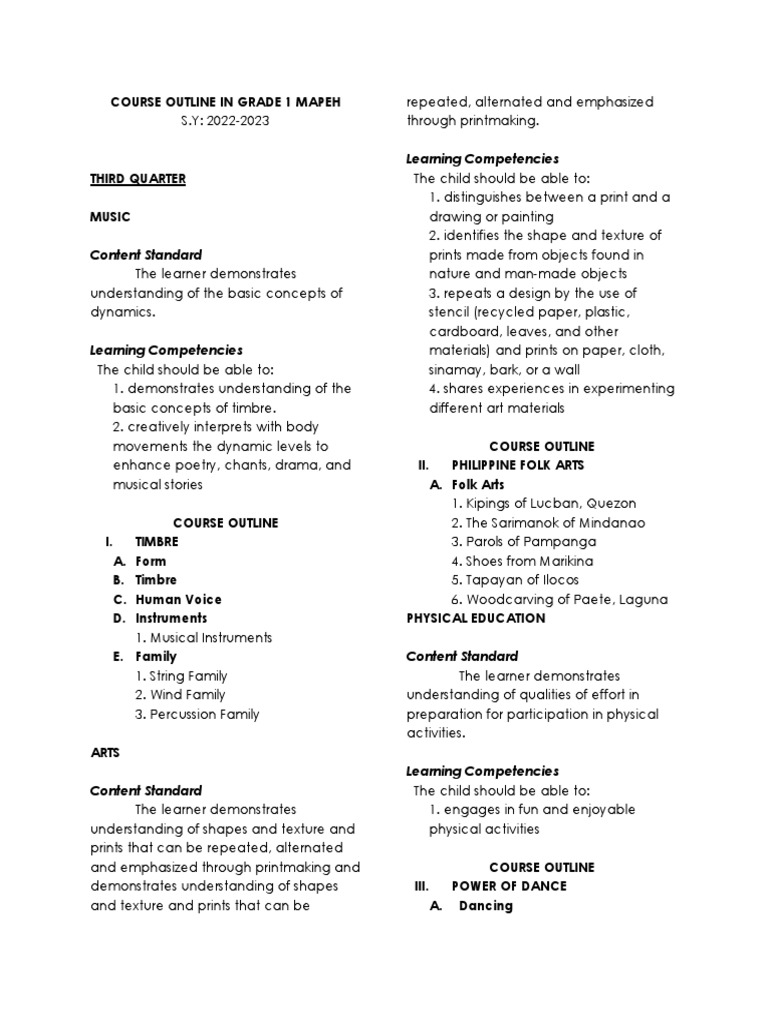 Grade 1 MAPEH Course Outline 2022-2023 | PDF | Learning