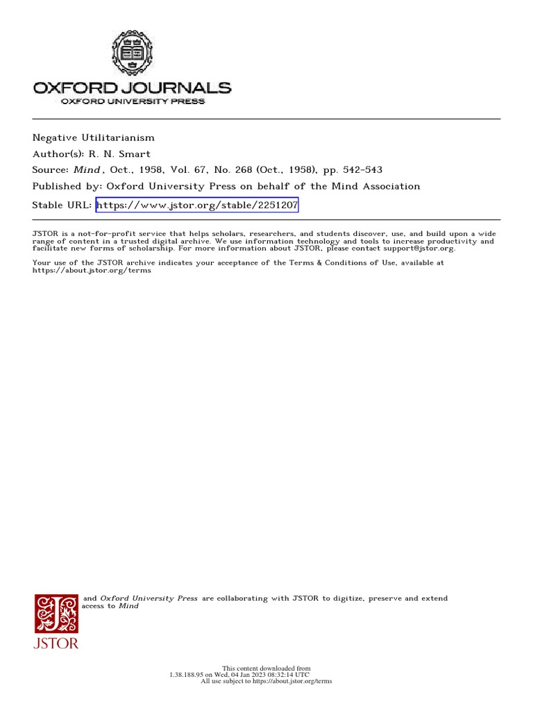 R N Smart Negative Utilitarianism | PDF | Utilitarianism ...