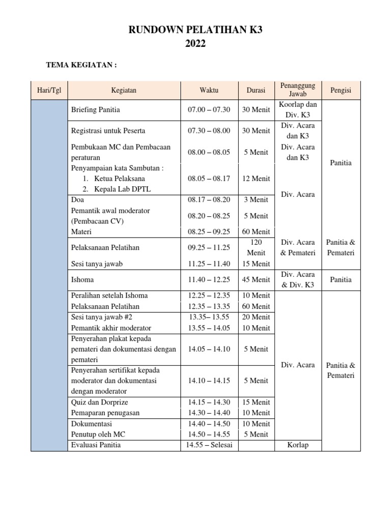 Rundown Pelatihan K3 2022 | PDF