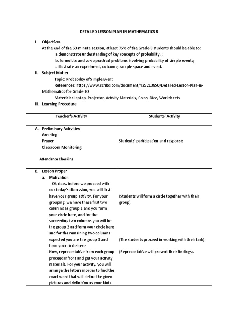 Detailed Lesson Plan - Measures of Central Tendency | PDF | Probability ...