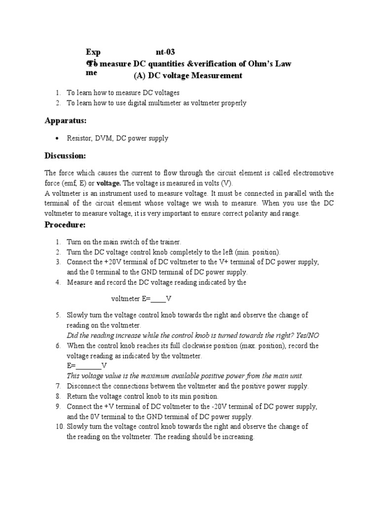 Experiment 3 | PDF | Voltage | Resistor