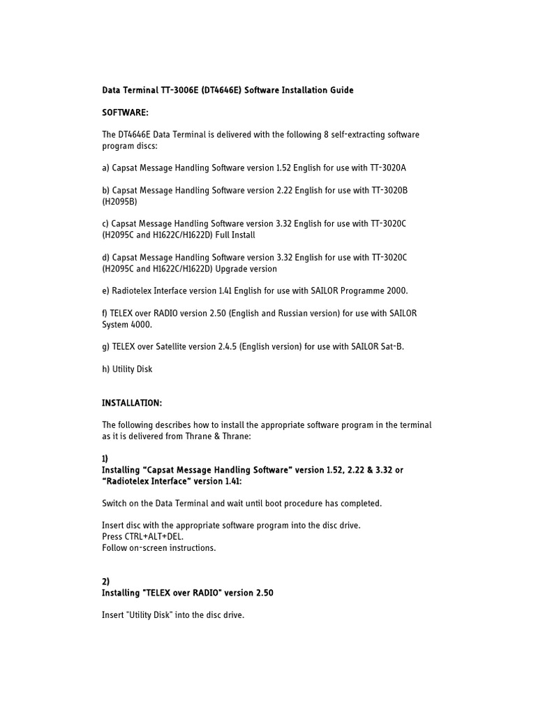 SAILOR Data Terminal TT-3006E (DT4646E) Software Installation Guide | PDF | Booting | Computing