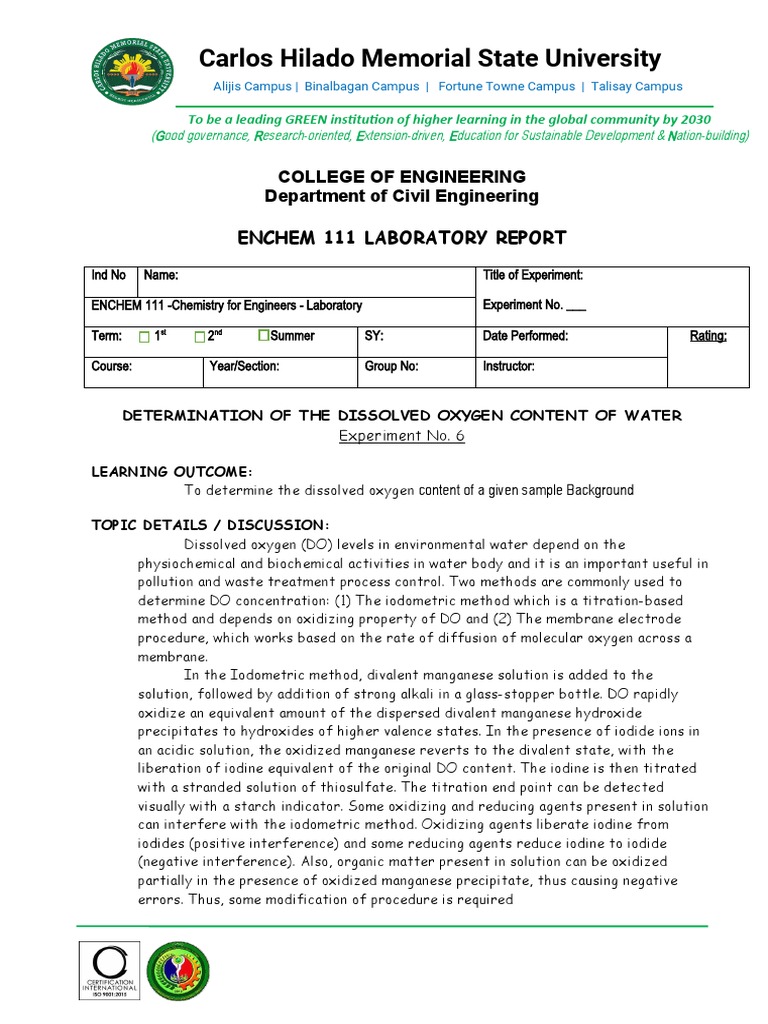Expt6 - Det-of-the-Dissolved-Oxygen-Content-of-Water - (DO) | PDF ...