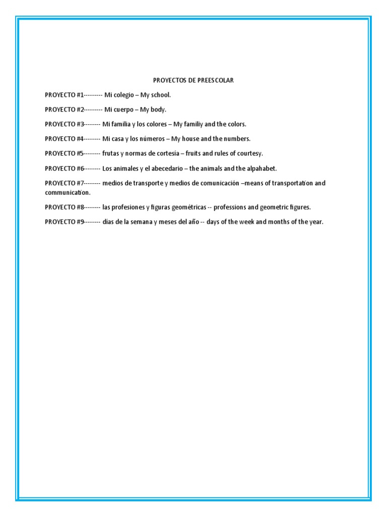 Proyectos de Preescolar en Ingles | PDF