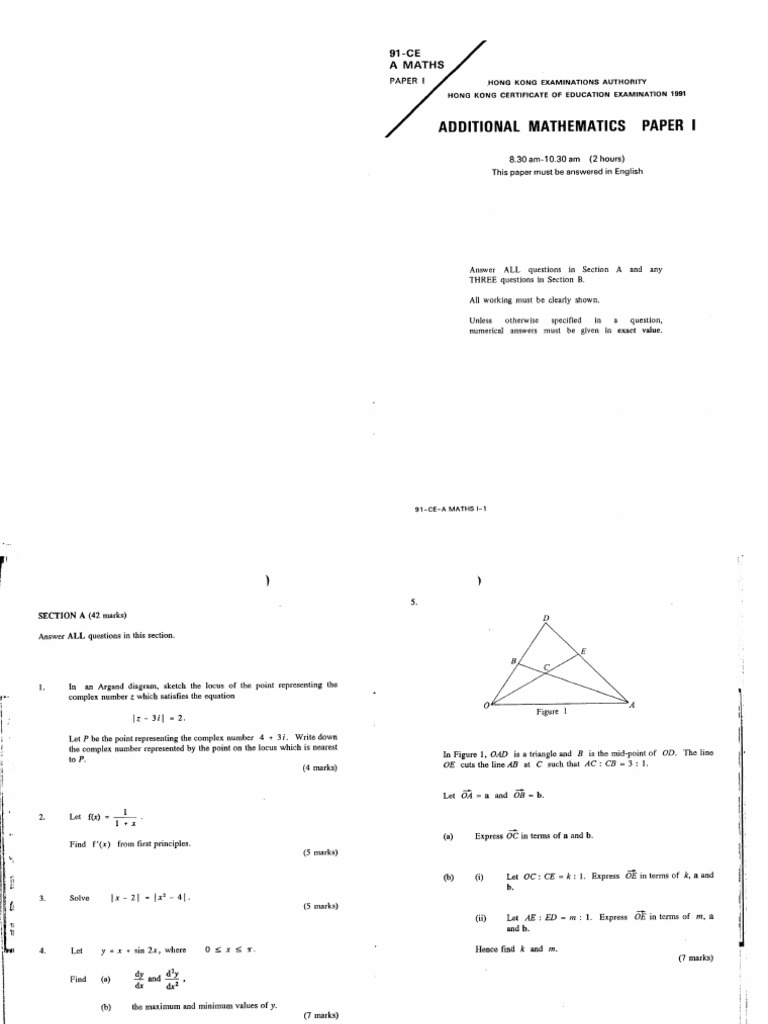 Hkcee Amath 1991 Paper 1 2 | PDF